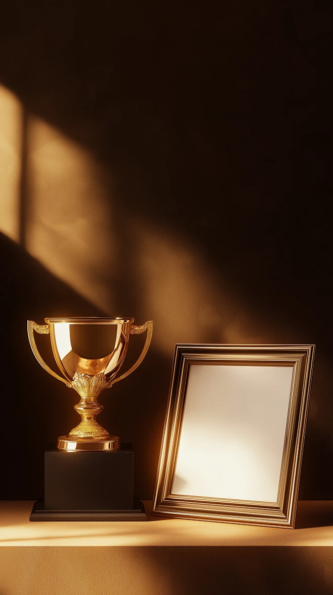 ppaoooo_A_gold_trophy_and_two_blank_photo_frames_sit_on_a_displ_4-花瓣网