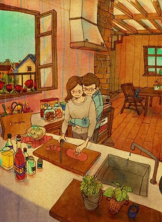 韩国插画家puuung1（퍼엉）将自己与爱人的生活工作画面用画笔记录下来，张张画面充满了温情让人感动。幸福就是这个样子。-花瓣网