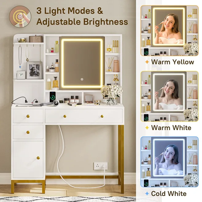 Amazon.com: VIAGDO White Vanity with Openable Mirror and Charging ...