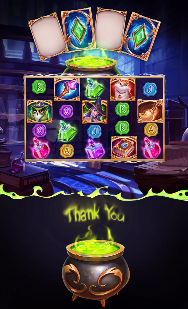 broomstick cartoon Cat Character design game Magic slot slot machine ...