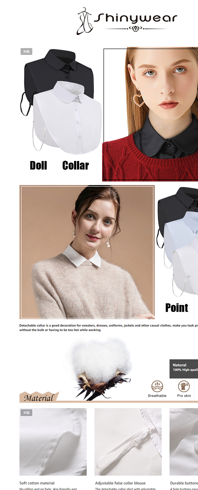 Shinywear Detachable White Collar Shirt for Office Lady Girls ...