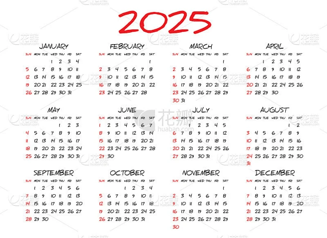 为2025年的月历模板，简单的日历设计，规划师，周从周日开始，墙壁日历2025设计，商业模板矢量插图素材-花瓣网