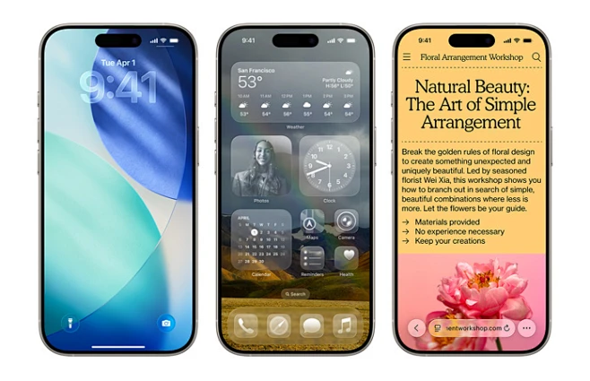iPhone devices side by side, showing various new design elements across ...