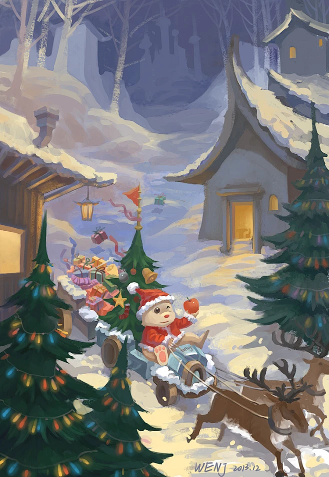 圣诞贺图-我是WENJ_圣诞节，平安夜，儿插，场景，贺图_涂鸦王国插画图片_插画师卷耳图片素材-花瓣网