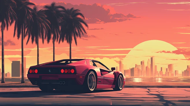 General 2912x1632 AI art Ferrari sunset palm trees sports car ...