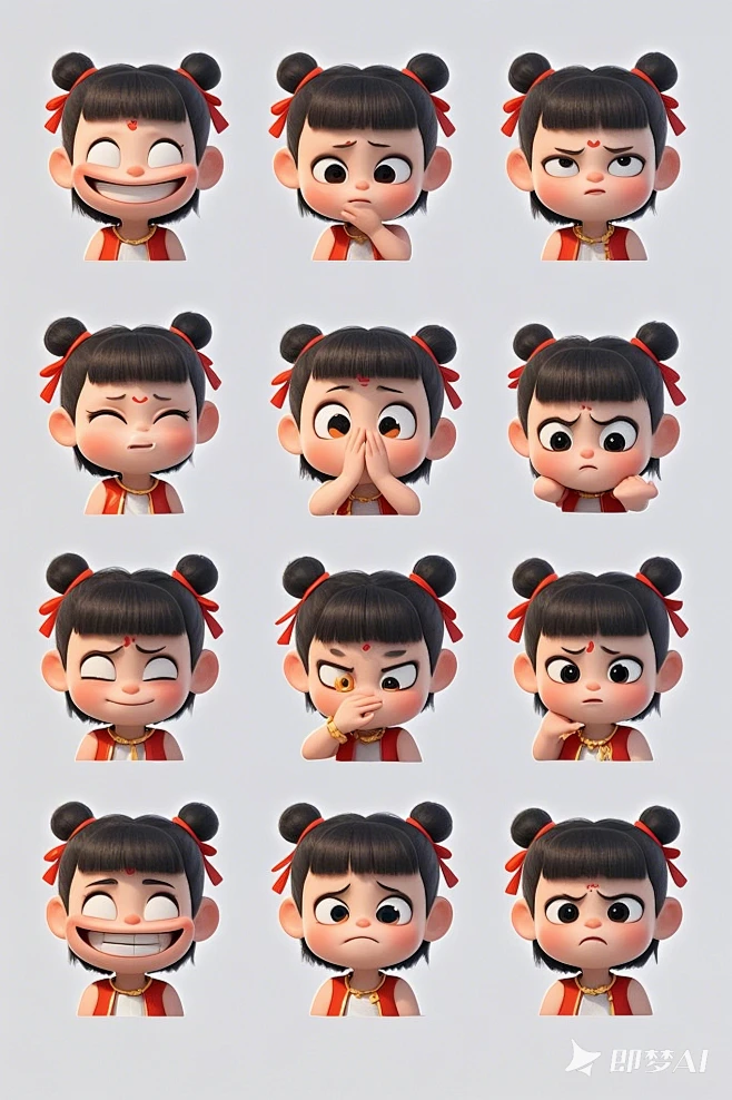 Q版画风，萌系，简约风，高级感，梦幻感，一个魔童哪吒图片，可爱画风，表情分别为大笑，淘气，捂嘴，疑惑，委屈，伤心。纯白背景，表情包设计，超高清，超细节，灯光明亮14 花瓣网