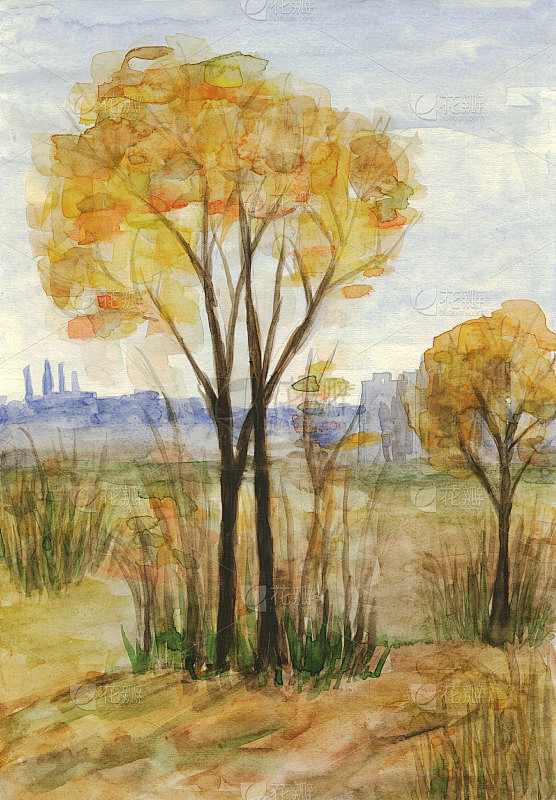 秋天的风景。水彩画