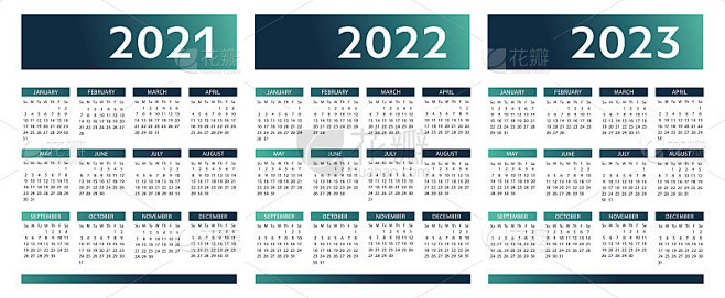 English Calendar 2021-2022-2023 vector template te