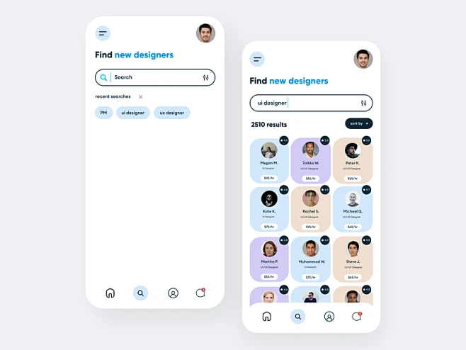 搜索移动应用程序 Ui 设计 每日 Ui 022 应用程序清洁每日 Ui 每日 Ui 设计过滤器自由应用程序列表最小移动移动应用程序现代产品设计搜索栏搜索结果搜索 Ui Ui 设计 Ux 花瓣网