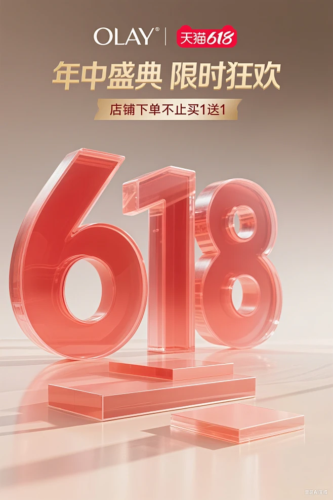 618, 一张olay品牌的618抢先购促销广告图。图中展示三款olay产品：1支白色塑料管装的印有“AGE PERFECT”字样的复颜视黄醇洁面乳，1瓶白色玻璃质感印有 ...