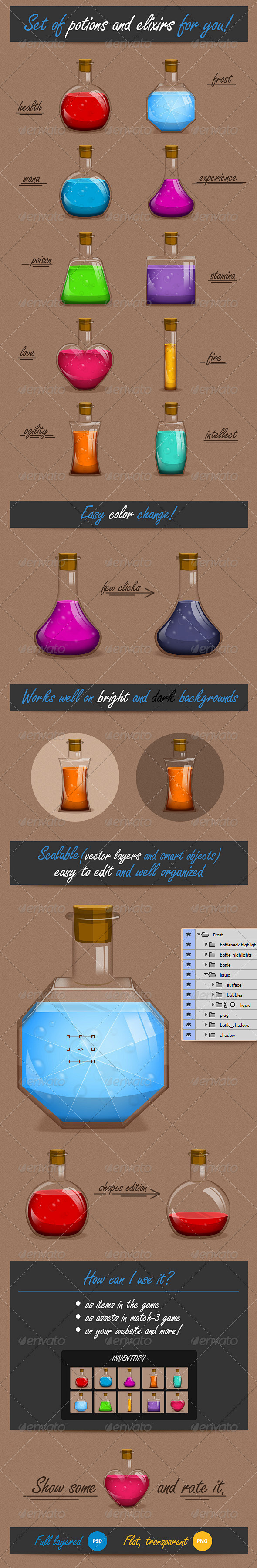 组和药水,药水对象插图Set of Elixirs and Potions - Objects Illustrations资产、瓶子、泡沫 ...