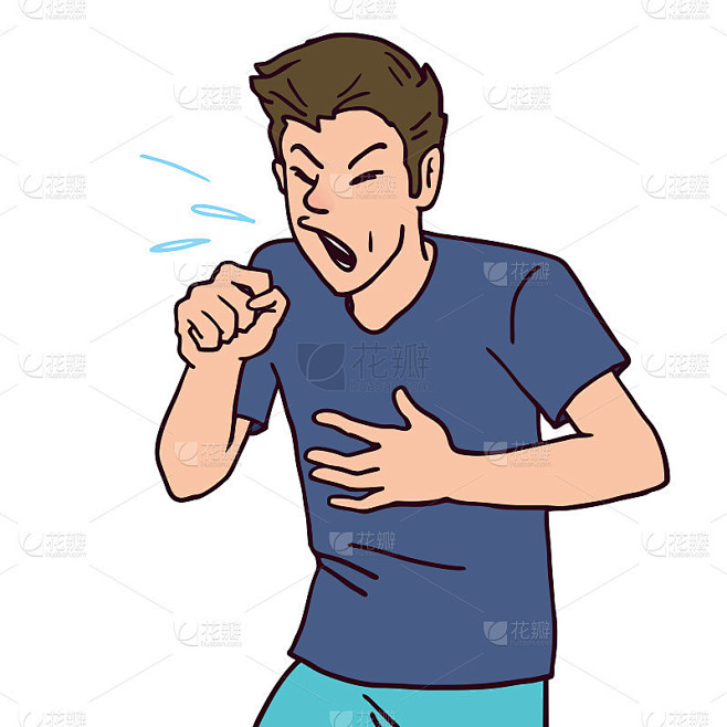 年轻人生病咳嗽。矢量插图字符，绘制，素描，涂鸦风格。