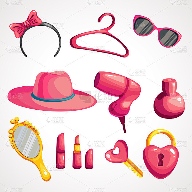 Cartoon set of things for girls. Vector illustrati