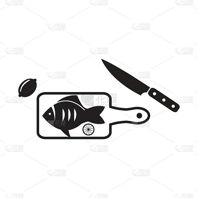鱼在切菜板上用刀和柠檬烹饪矢量图标