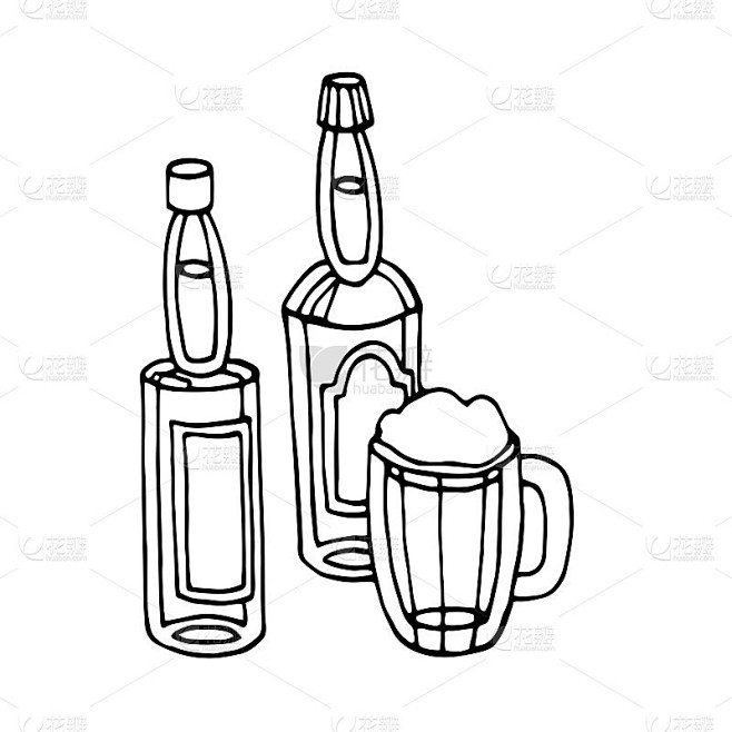 two simple glass bottles & a cup of beer with foam