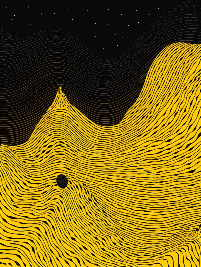 极简主义艺术，黑黄条纹组成山河，草间弥生风格，剪影艺术，大黄-花瓣网