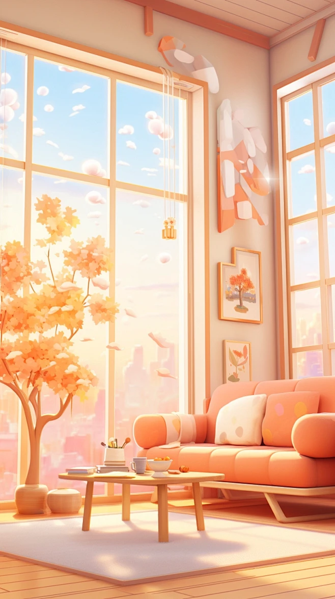 A small, nicely decorated living room sitting in front of a big window ...
