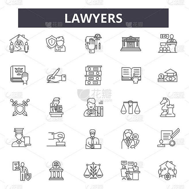 律师行图标，标志设置，向量。律师概述概念，说明:律师，法律，正义，法庭，法官，法律，木槌