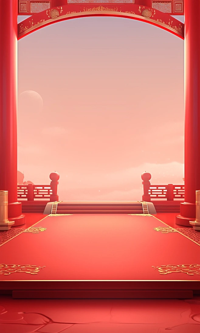 Red floor background with golden frame and chinese temple, in the style ...
