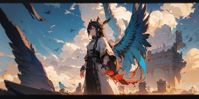 01122-2200742254-Blue luan birds, standing next to a girl, wearing a ...