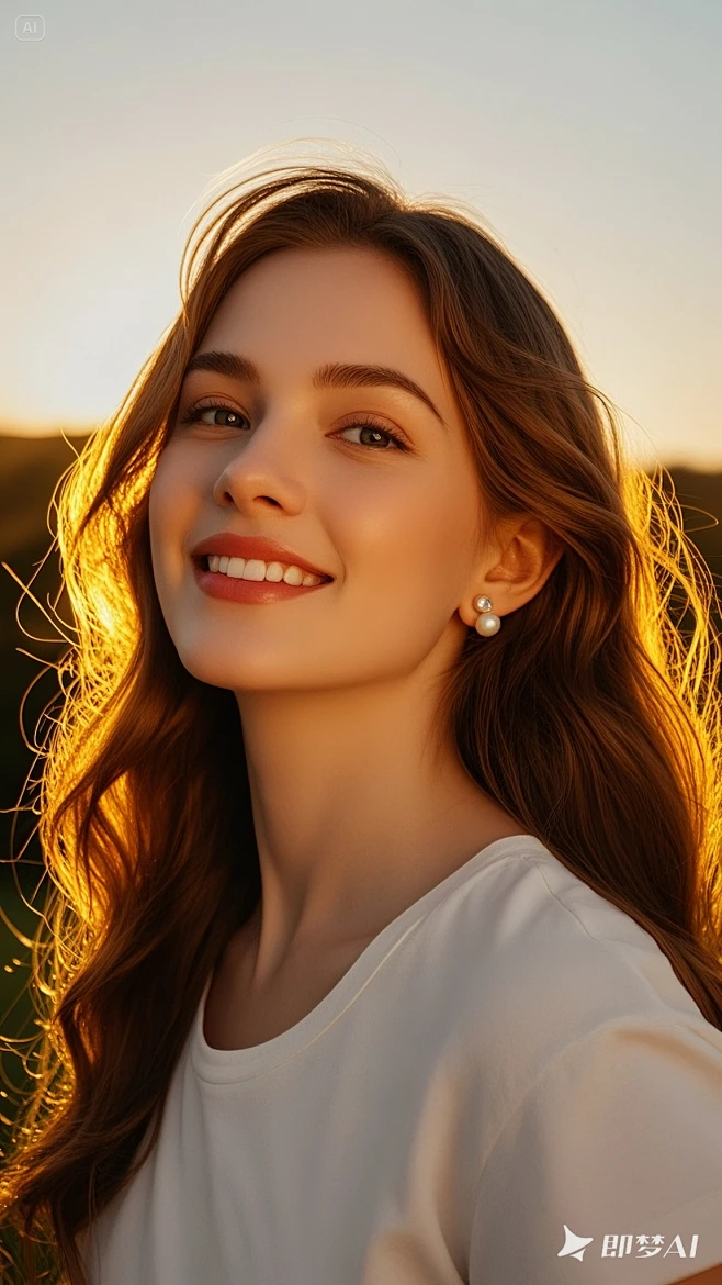 jimeng-2025-05-09-400-丁达尔光效，柔和的光线，夕阳下，一位长发如瀑般披肩而下的欧美白人美女，柔顺的发丝随风轻扬，散发着 ...
