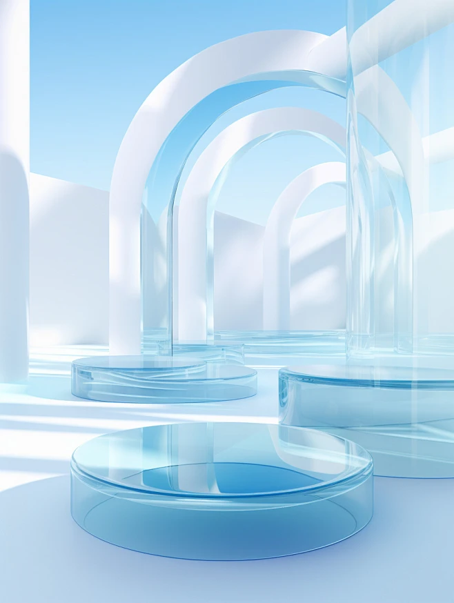 3D rendering, a transparent blue gradient glass and white acrylic ...