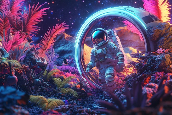 A time capsule-shaped spacecraft landing on a colorful alien planet in ...