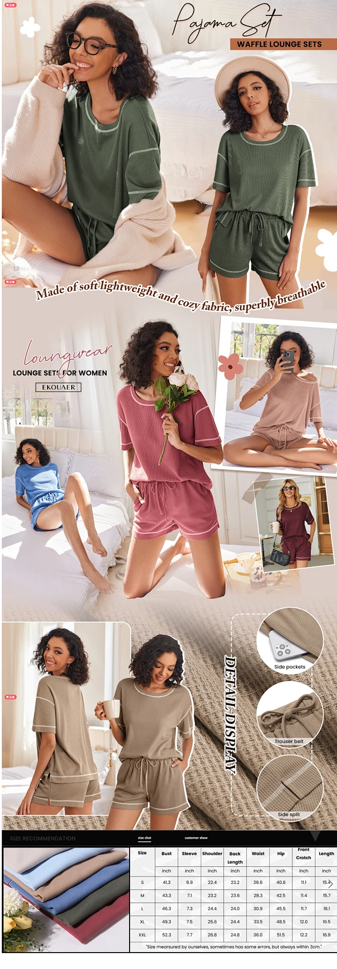 Amazon.com: Ekouaer Pajama Sets for Women 2 Piece Waffle Knit Lounge ...