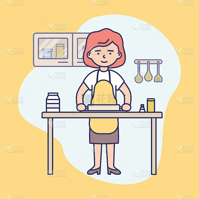 年轻女孩在现代厨房做饭。一个女性角色在厨房的桌子上擀面团。家庭主妇正在烹饪健康的食物。卡通平面轮廓线素材 花瓣网