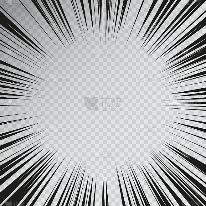 漫画书风格的漫画效果动作框架。黑色和白色矢量插图的运动径向线孤立在一个透明的背景