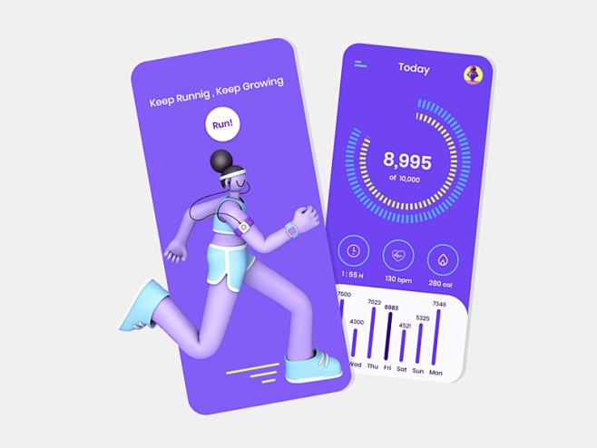 Run Tracker designs purple heartrate health tracker run running app ru