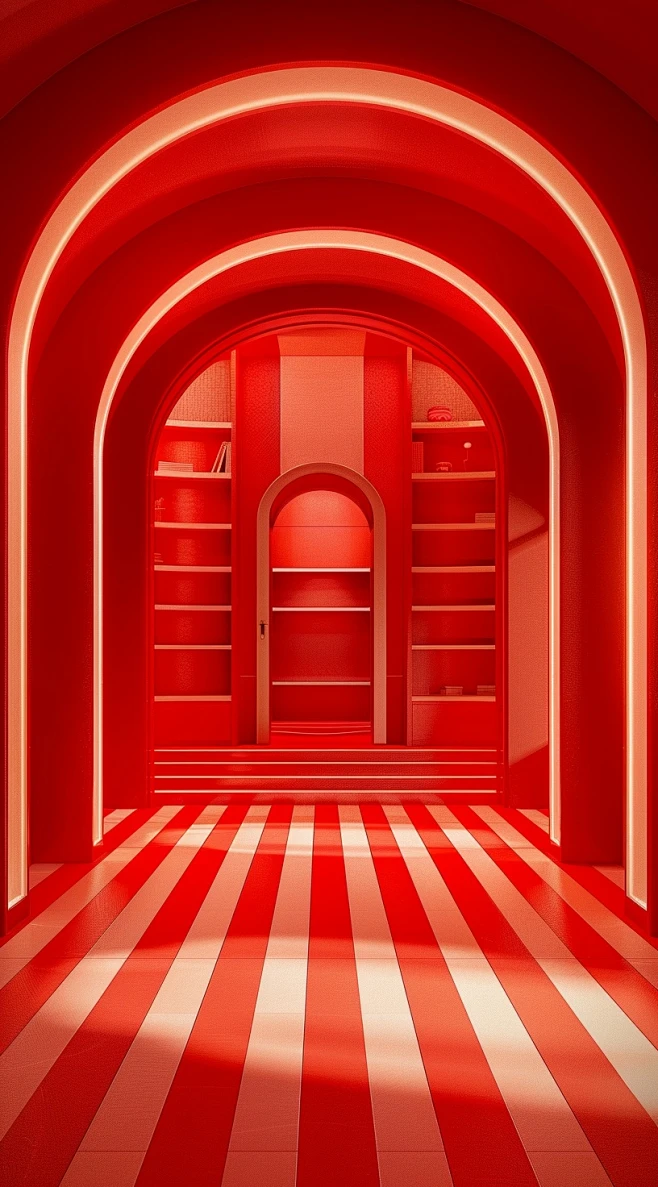 Red and white striped floor, symmetrical composition with bright ...