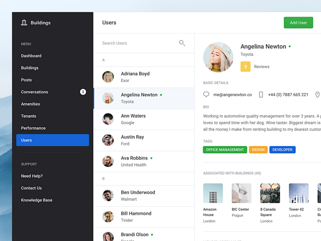 建筑物-用户（Dashboard UI Kit 3.0）统计资料配置文件通讯录地址用户工具包设计深色Web ui仪表板