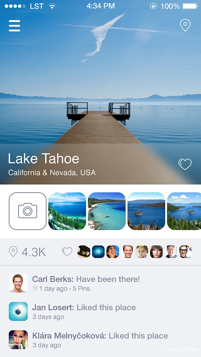 Beautiful Places Detail 扁平化社交APP UI设计图片_深色 app ui图片素材-花瓣网