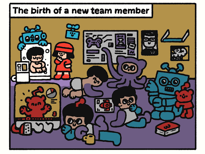 The birth a a new team member animation branding comics comix cute ...