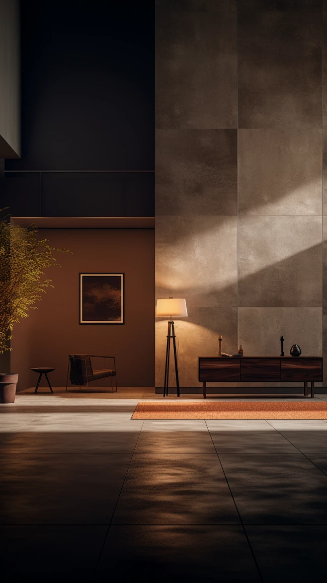 Simple_and_warm_walls,_tiled_floors,_warm_and_minimalist_style,_frontal ...