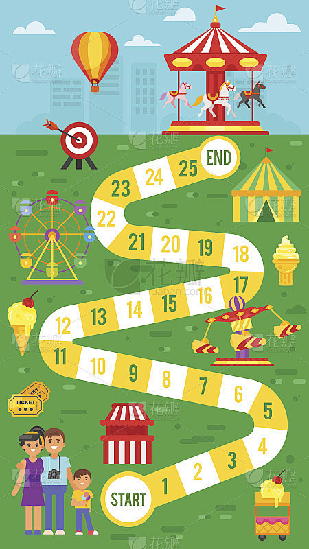 儿童游乐园棋盘游戏模板。打印。