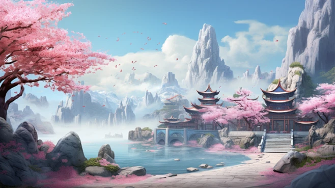 Game scenes, Xianxia style, peach blossom, 2D game art, surrealist ...