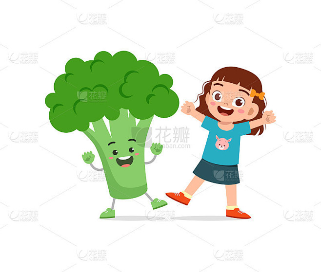 可爱的小女孩站在花椰菜的角色