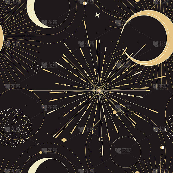 黄金魔法护身符图案以太阳、月亮、星星神圣的几何符号孤立为背景。精神神秘主义印刷品，表面封面