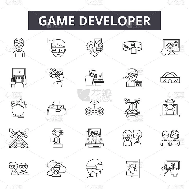 Game developer line icons, signs set, vector. Game素材-花瓣网
