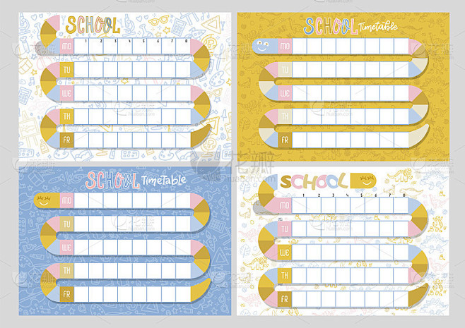 Set of 4 School timetables. Timetable of lessons f