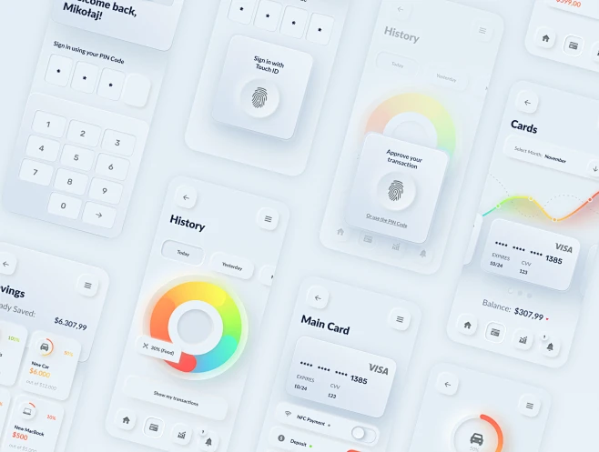 Skeuomorph Wallet Banking App UI Kit 国外手机银行app界面设计欣赏_电子钱包银行app界面设计套件模板下载 - UIGUI-花瓣网