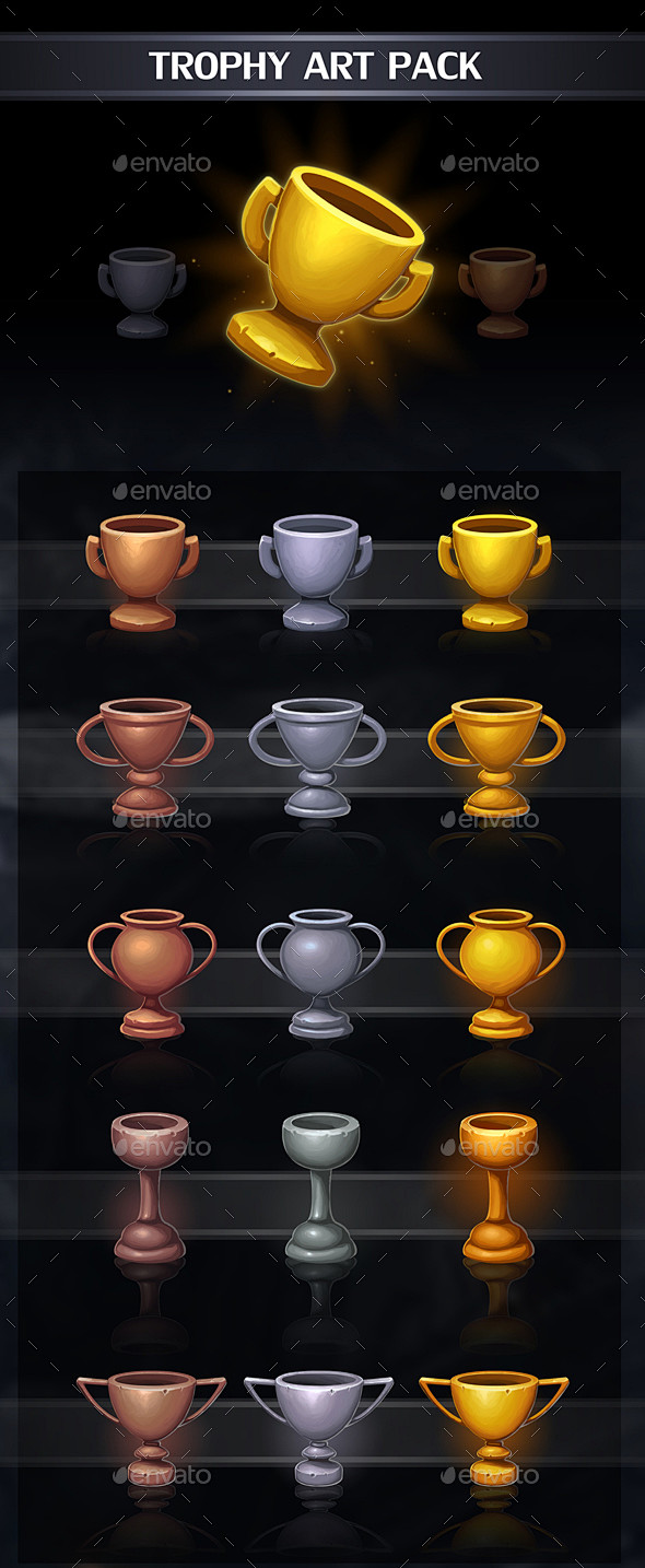 奖杯艺术包装——各种各样的游戏资产Trophy Art Pack - Miscellaneous Game Assets青铜、杯、杯状、黄金 ...