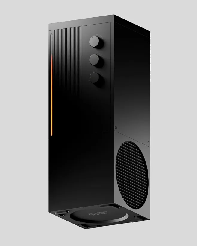 This may contain: the back side of a black computer case with an orange ...