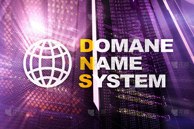 Dns -域名系统，服务器和协议。服务器室背景下的互联网和数字技术概念。