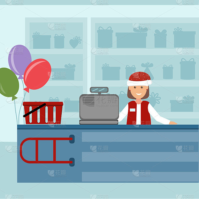Seller in a Santa Claus hat at the checkout in the