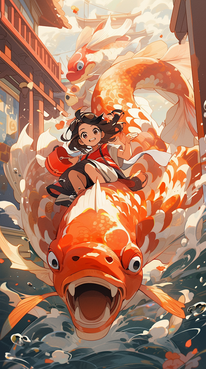 calexander_a_high_school_student_riding_on_a_cute_Koi_carp_as_i ...