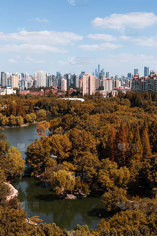 鸟瞰图的城市天际线和城市公园在秋天。