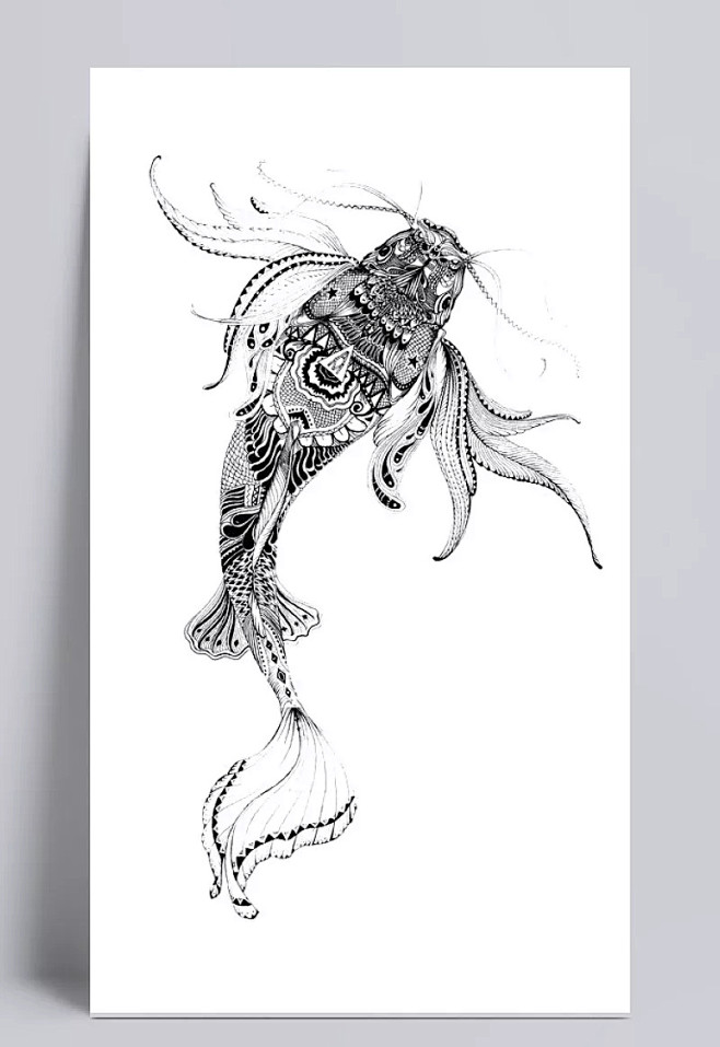 鲤鱼|手绘,黑白,线条,鱼,中国风,花纹鲤鱼,中国风,装饰元素